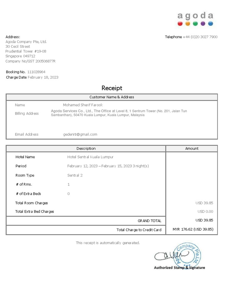 Agoda Receipt for Hotel Sentral | PDF