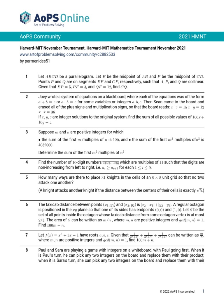 Aops Community 2021 HMNT: Harvard-Mit November Tournament, Harvard-Mit ...