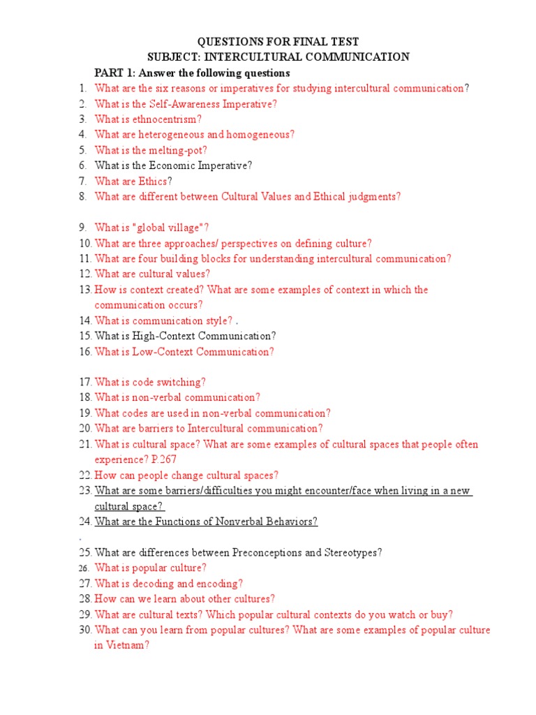 Questions For Final Test Subject: Intercultural Communication PART 1 ...