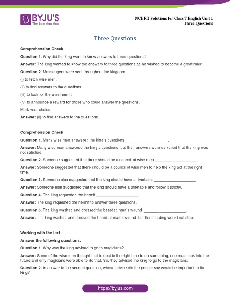 NCERT Solutions For Class 7 English Unit 1 Three Questions | PDF