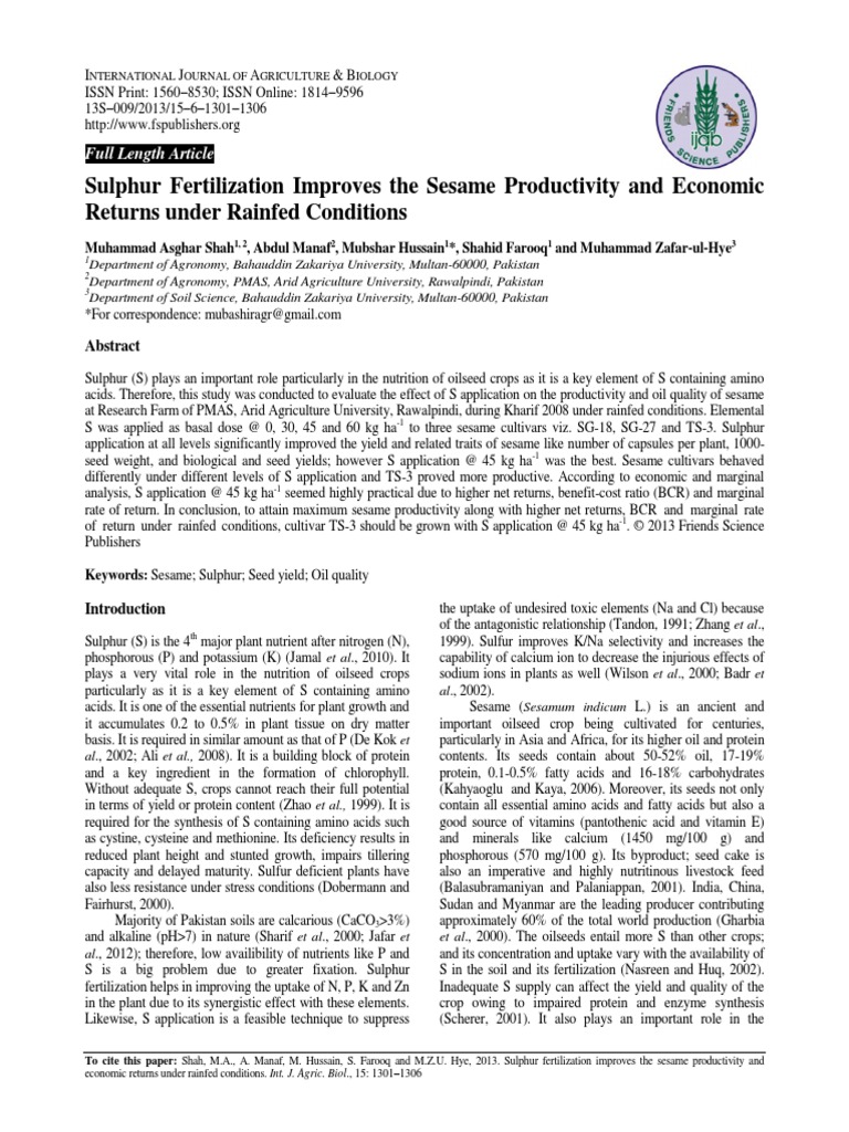 Shah Et Al 2013 | PDF | Sesame | Plant Nutrition