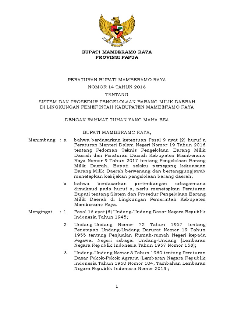 Perbup No.14 THN 2018 TTG Sistem Dan Prosedur Pengelolaan BMD | PDF