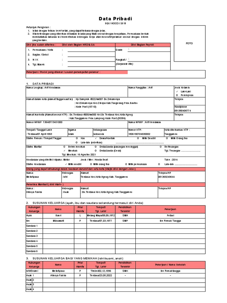 Form Data Pribadi Pelamar - Teknisi Engineering | PDF