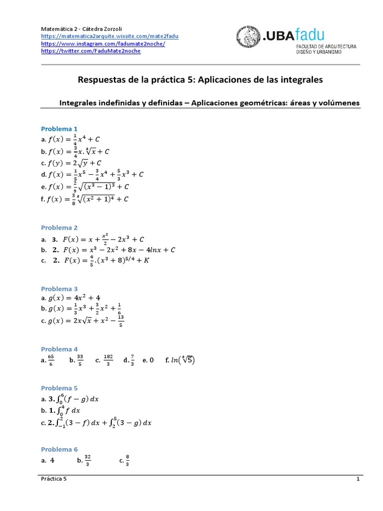 Práctica 5 -2021 - Integrales Respuesta | PDF | Matemáticas