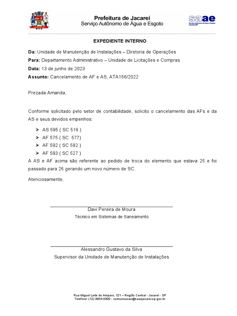 Expediente Interno - Umi - Estorno Empenho - As 595 - Af 575 - Af 593 ...