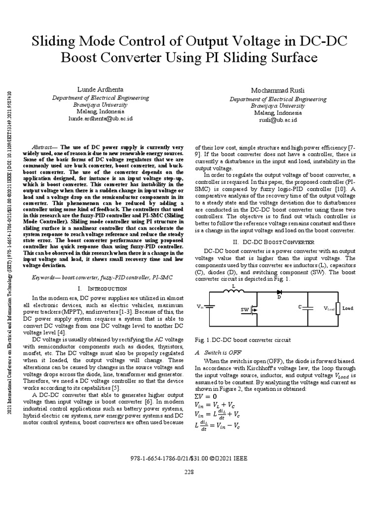 Sliding Mode Control of Output Voltage in DC-DC Boost Converter Using PI Sliding Surface | PDF ...