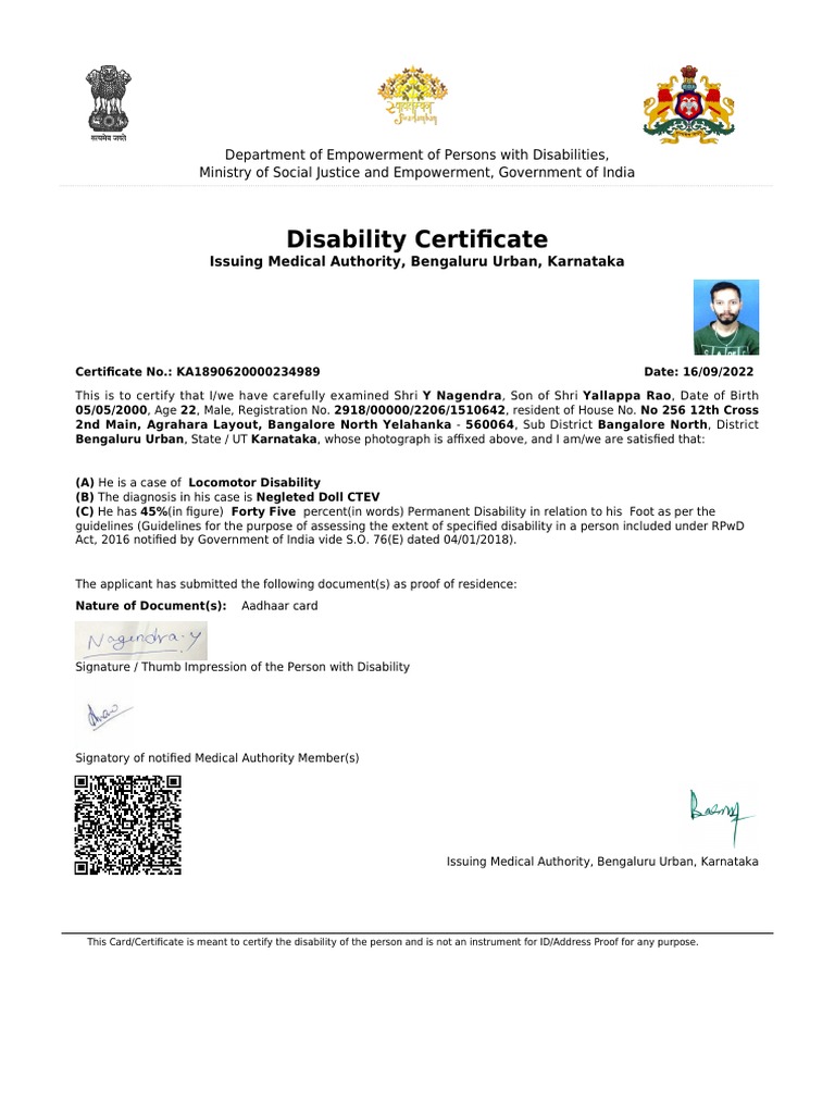 Karnataka Locomotor Disability Certificate | PDF