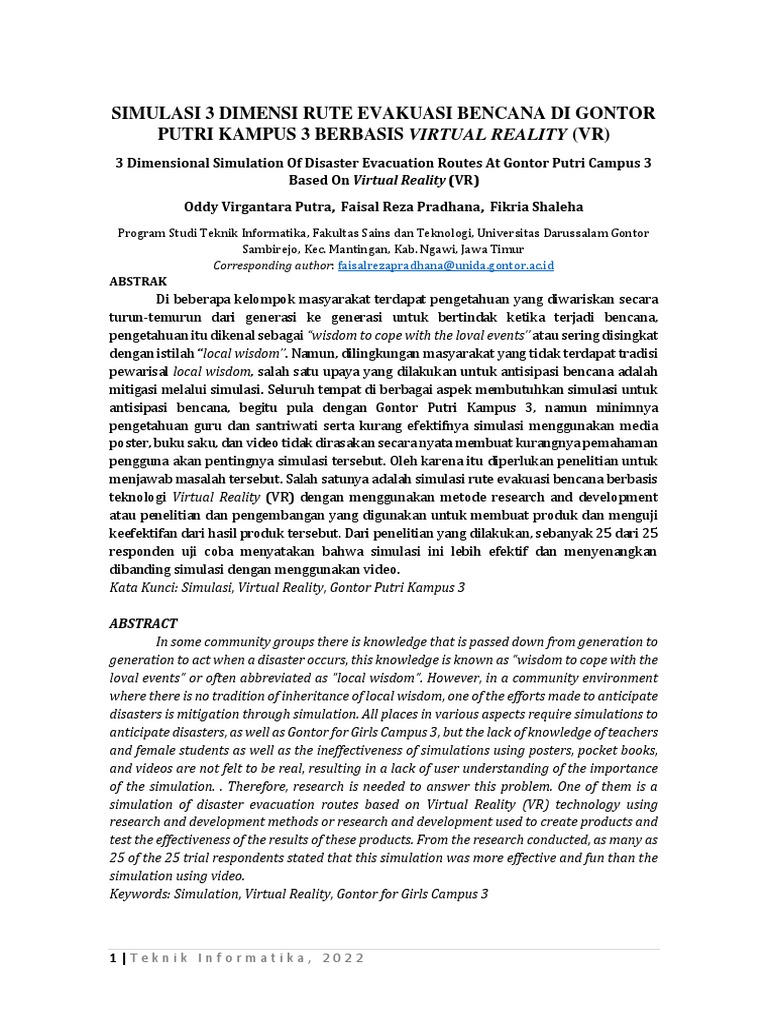 Jurnal - Simulasi 3 Dimensi Rute Evakuasi Bencana Di Gontor Putri Kampus 3 Berbasis Virtual ...