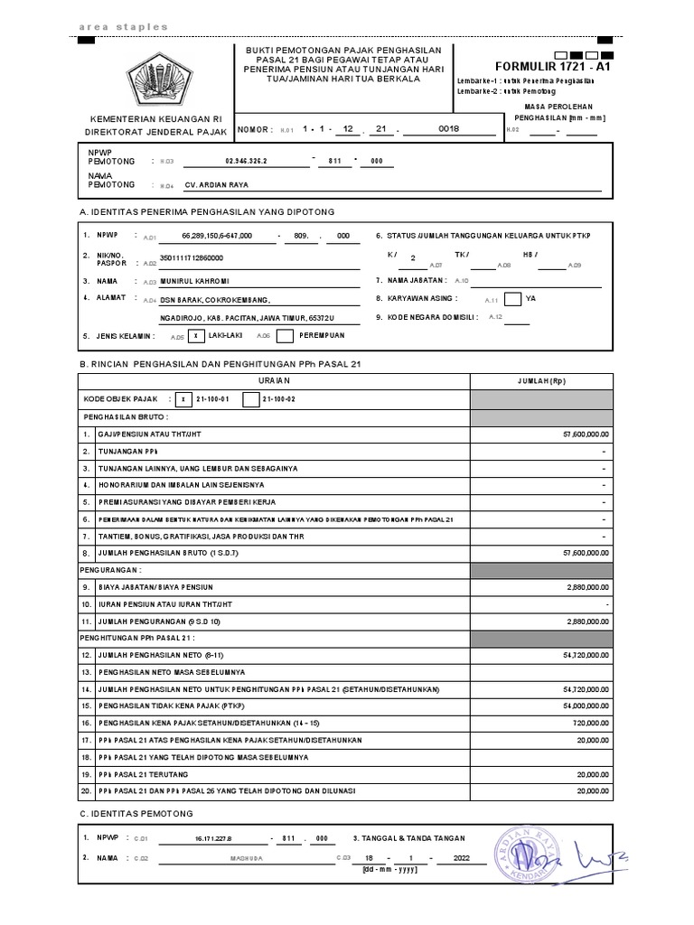Formulir Excel Bukti Potong PPh 21 Karyawan | PDF