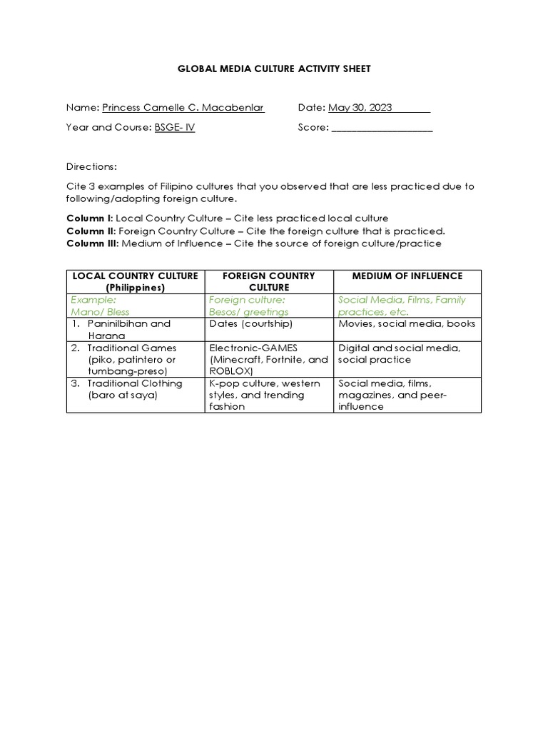 Chapter 4 Global Media Culture ACTIVITY SHEET | PDF