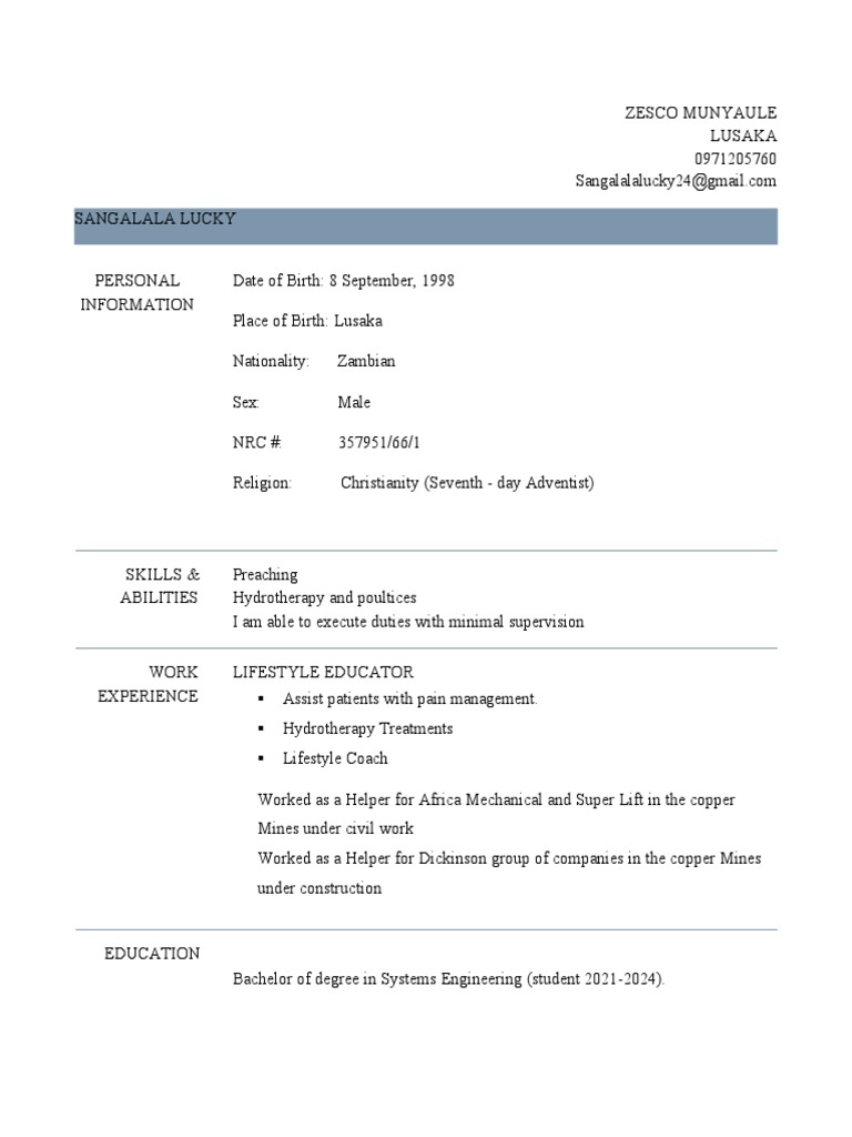 Lucky Sangalala CV | PDF | Zambia