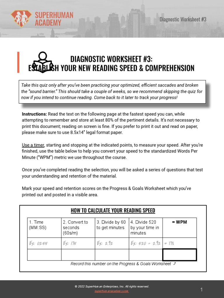 Diagnostic Worksheet #3: Establish Your New Reading Speed ...