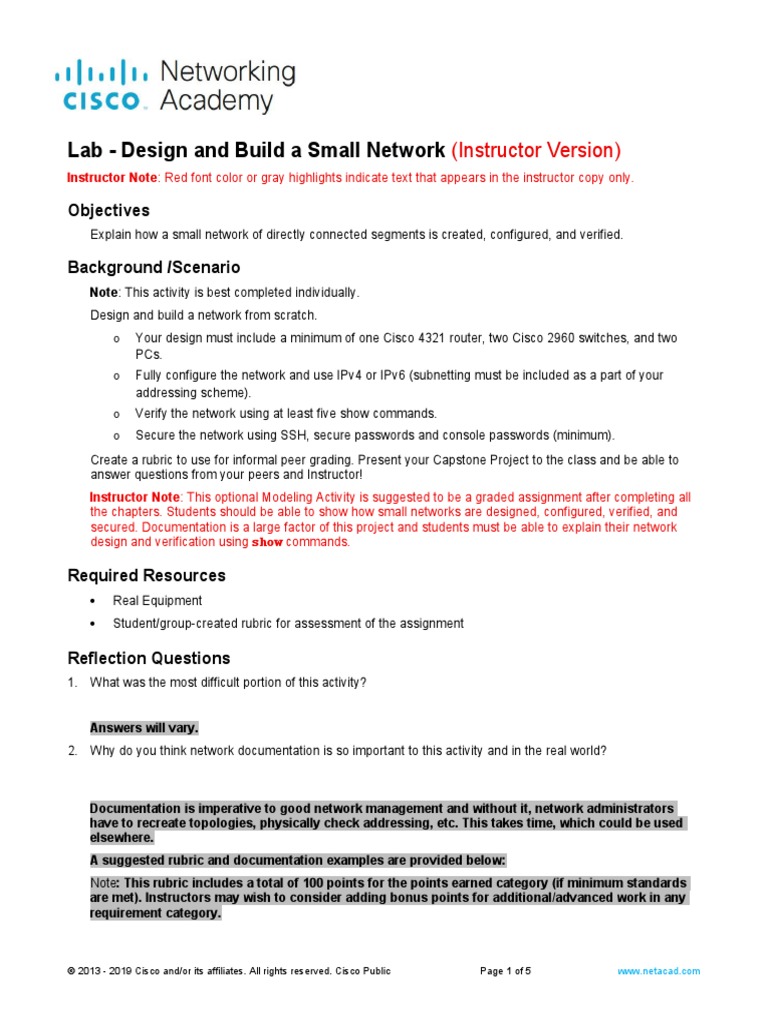 1 Lab - Design and Build A Small Network - Answered | PDF | Computer Network | Router (Computing)
