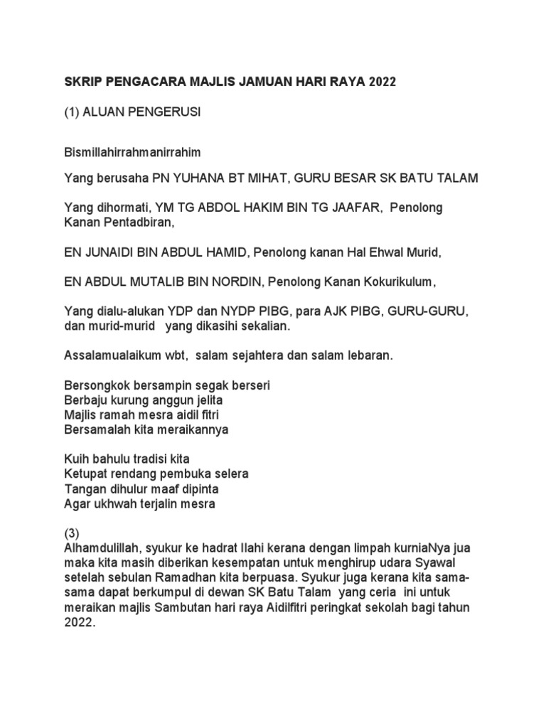 SKRIP PENGACARA MAJLIS JAMUAN HARI RAYA 2022 | PDF