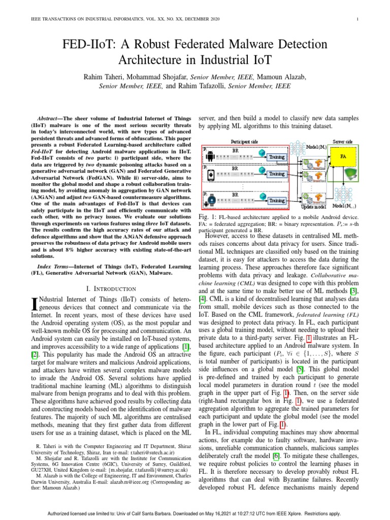 FED-IIoT_ A Robust Federated Malware Detection | PDF | Malware | Machine Learning