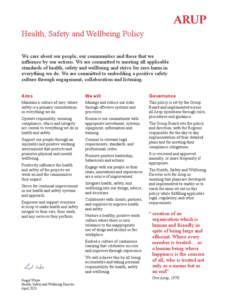 Health Safety Wellbeing Policy Arup-2023 | PDF | Safety | Regulatory Compliance