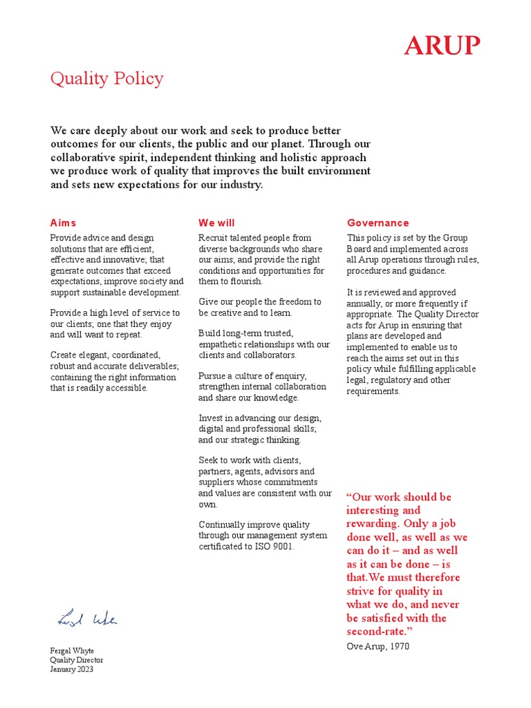 Quality Policy Arup 2023 | PDF | Governance | Business
