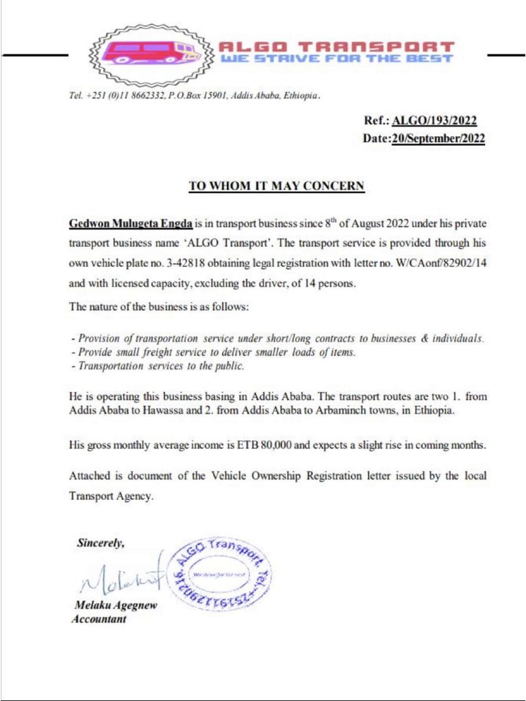 ALGO Transport and Vehicle Registration Letter. | PDF