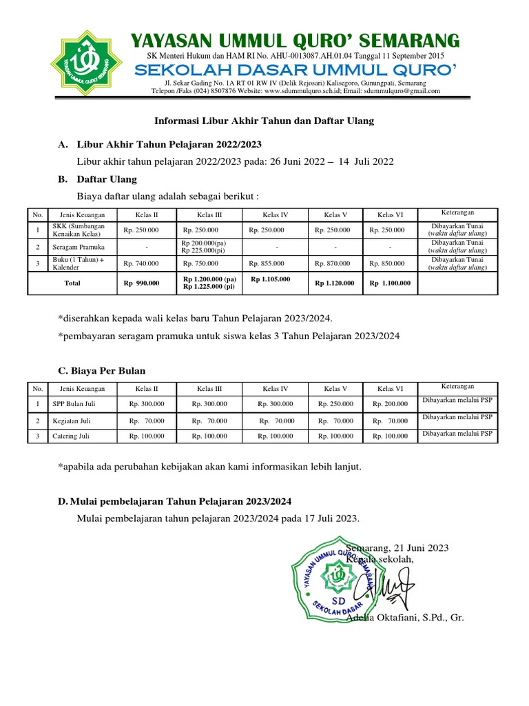 Rincian Daftar Ulang Th 2023-2024 | PDF