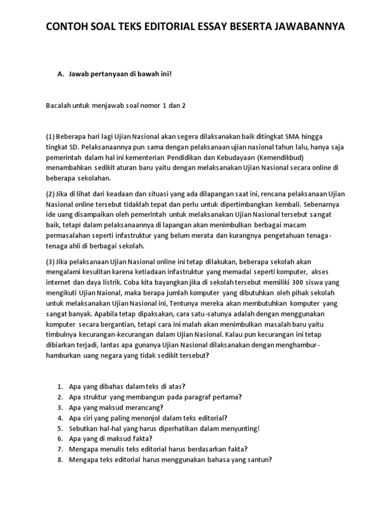 Soal Essay Teks Editorial Kelas 12 | PDF | Ilmu Sosial