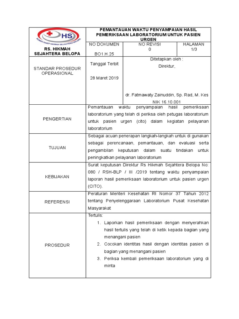 Spo Waktu Penyampaian Laporan Hasil Pemeriksaan Lab Cito | PDF