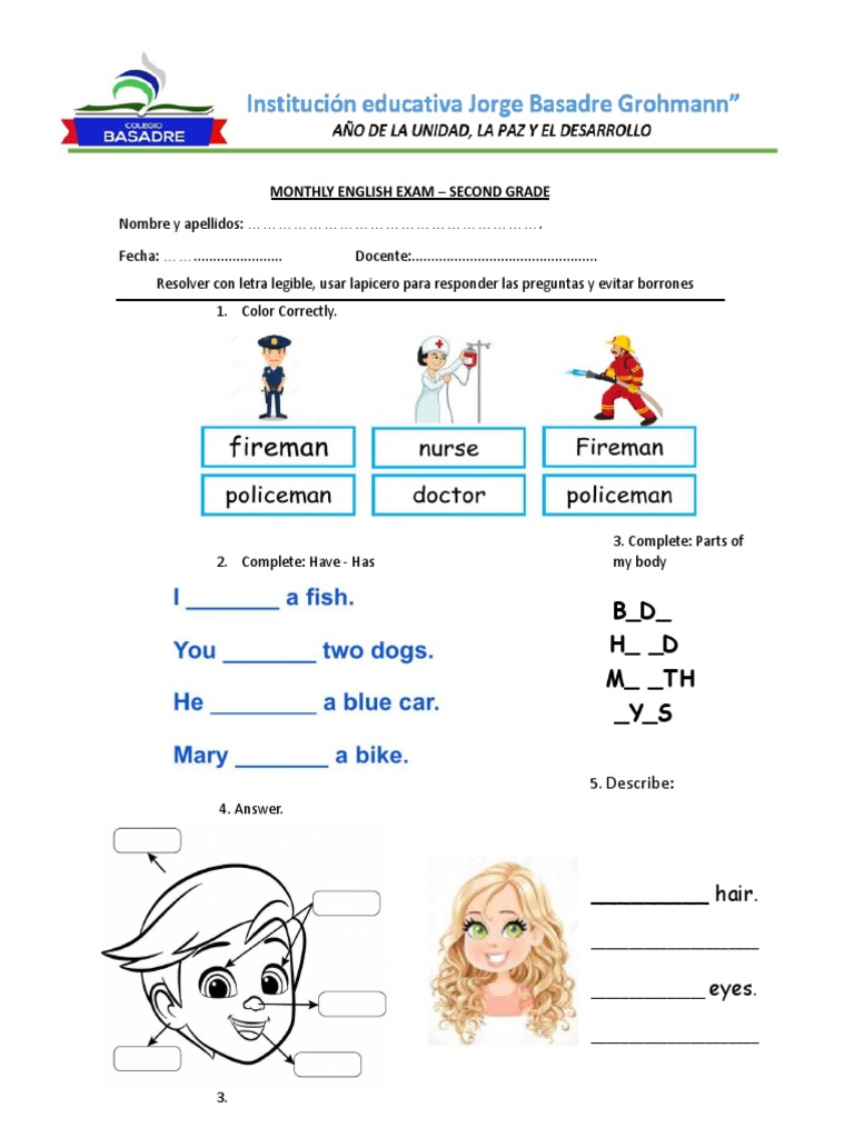 Examen de Ingles - Segundo de Primaria | PDF