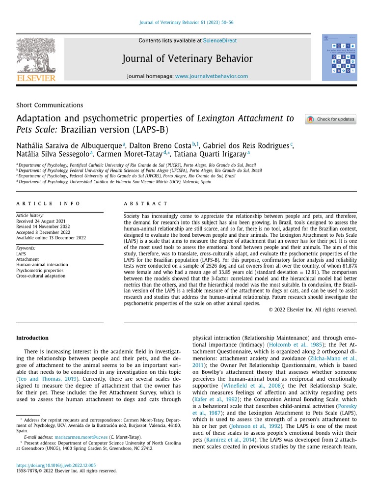 Adaptation and psychometric properties of Lexington Attachment to pets ...