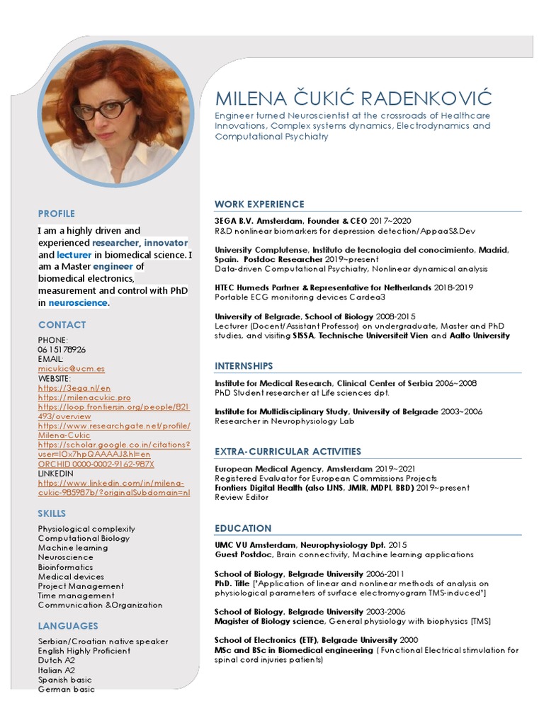 CV Milena Cukic | PDF | Neuroscience | Electronics