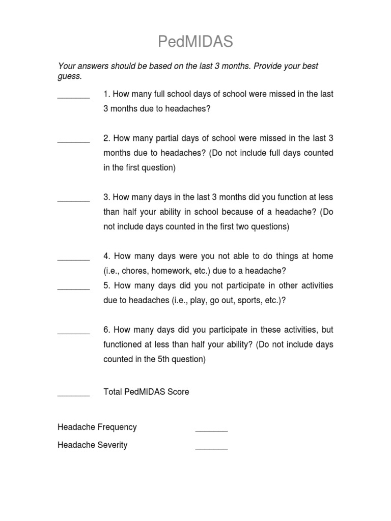 PedMIDAS - Migraine Questionnaire | Download Free PDF | Headache ...