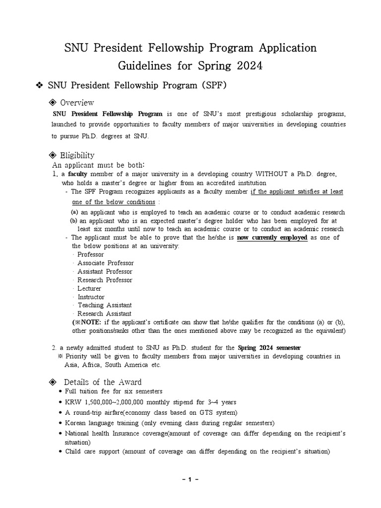 Application Guidelines For SNU President Fellowship Spring 2024 | PDF | Business | Finance ...