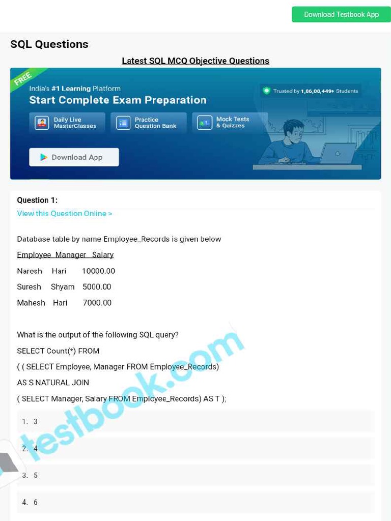 MCQ On SQL 5eea6a0939140f30f369da8c | PDF