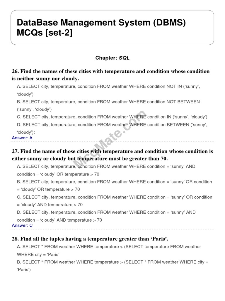 DataBase Management System (DBMS) (Chapter- SQL) Solved MCQs [Set-2] McqMate.com | PDF ...