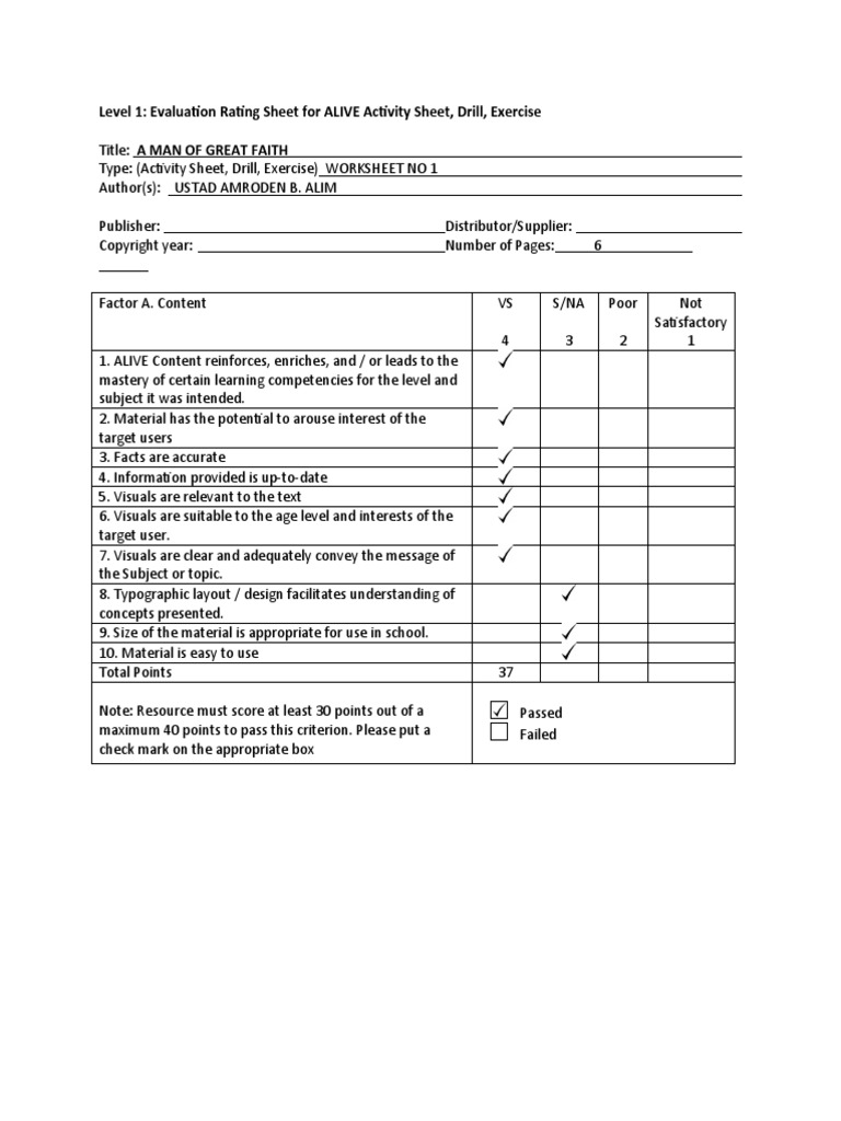 AL5 - Worksheet 1 - Level 1 Evaluation Rating Sheet For ALIVE Activity ...