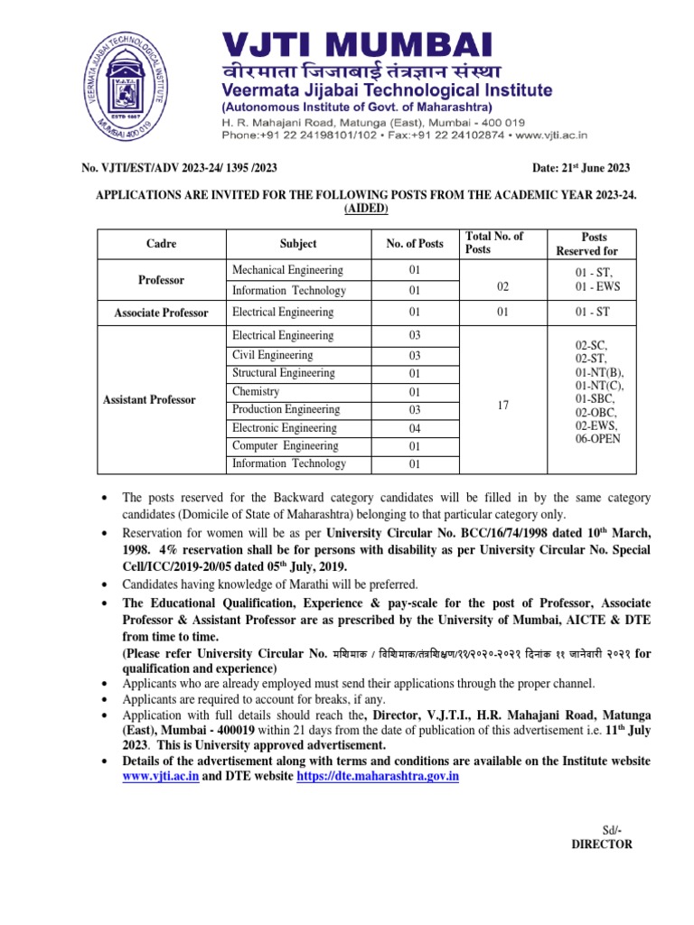 Vjti Notification Faculty Advt | PDF | Physical Sciences | Engineering