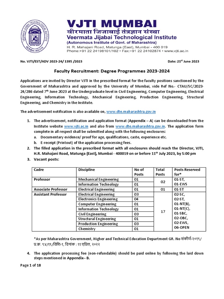 Advertisement - VJTI Faculty Recruitment | PDF | Doctor Of Philosophy | Academic Degree