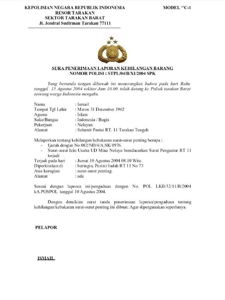 Contoh Surat Laporan Kehilangan | PDF