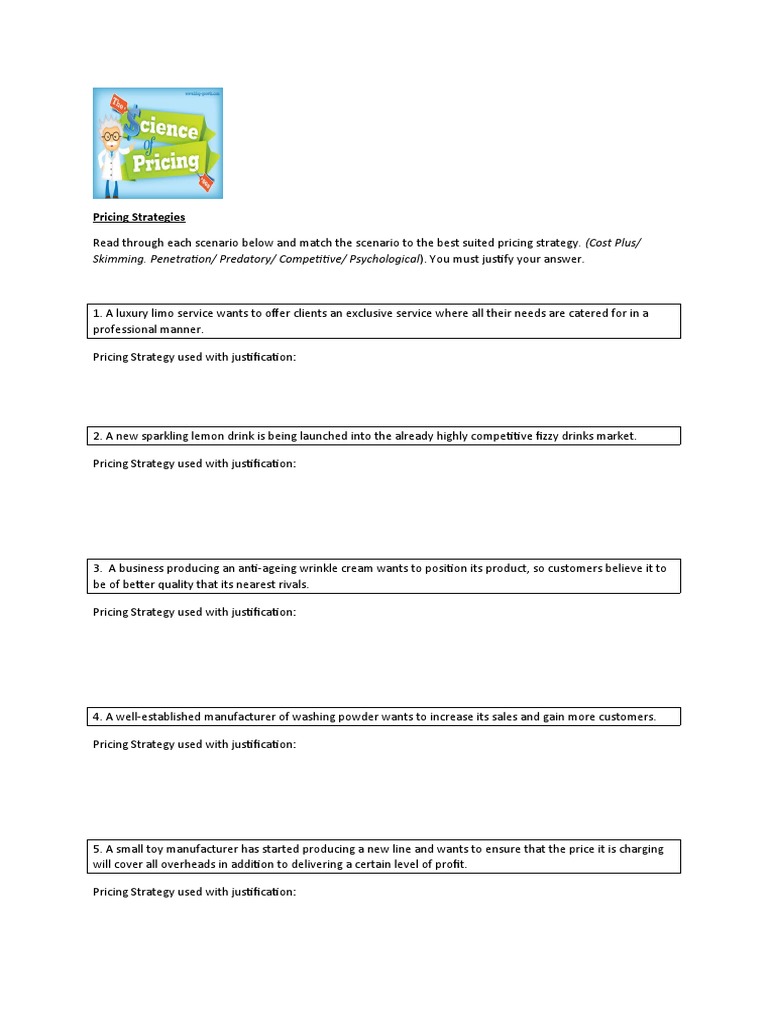 Pricing Strategies Worksheet | PDF