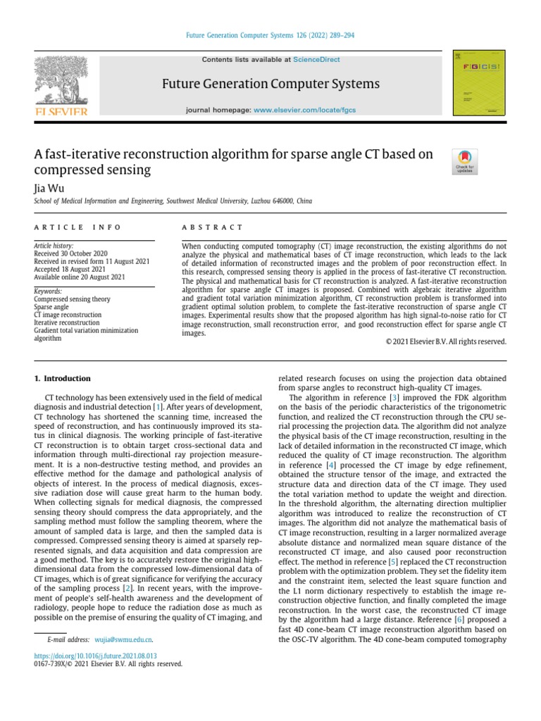 A Fast Iterative Reconstruction Algorithm For Sparse Angle CT Based On Compressed Sensing | PDF ...