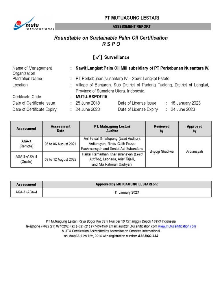 Sawit Langkat Rspo Audit Report | PDF