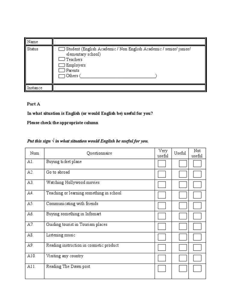 Needs Analysis Questionnaire for English | PDF | English Language | Chess