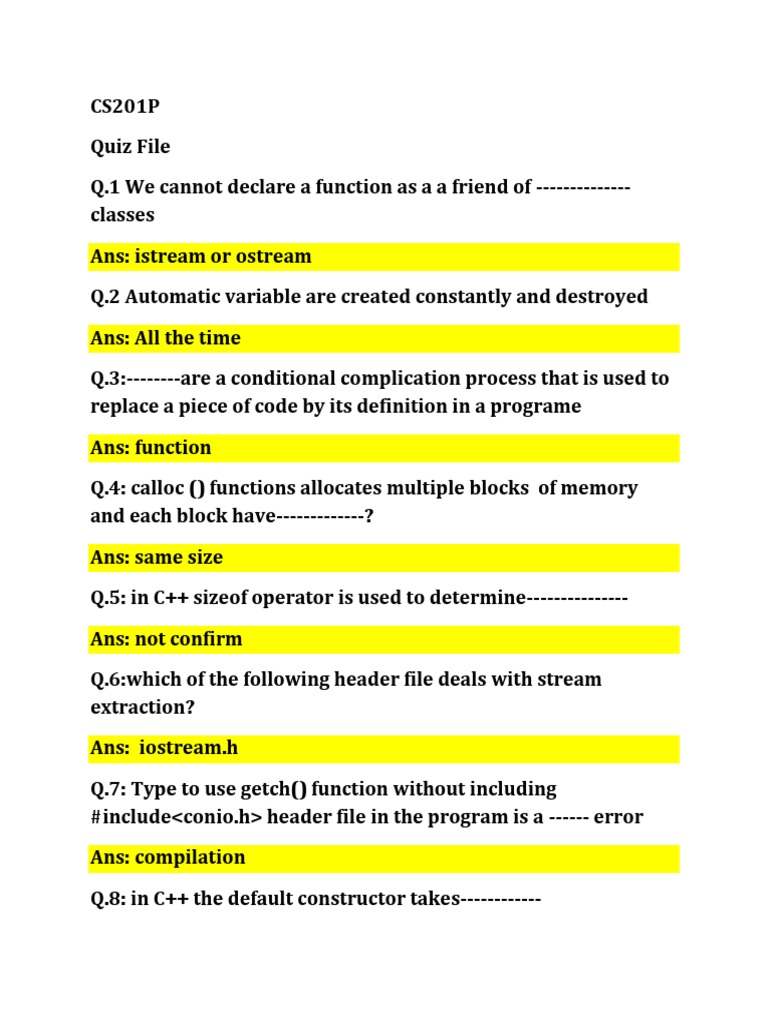 CS201P Quiz File | Download Free PDF | C++ | Pointer (Computer Programming)