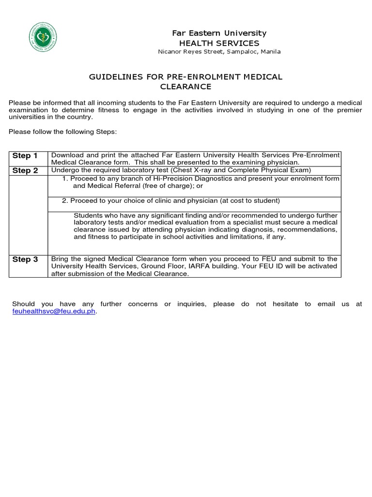 FEU Pre-Enrolment Medical Clearance Guide | PDF | Physical Examination ...
