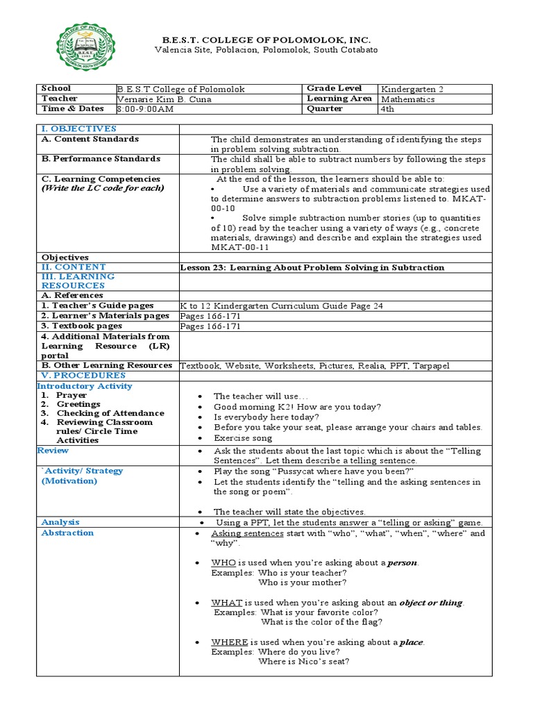 K2 ASKING SENTENCE Lesson Plan | PDF