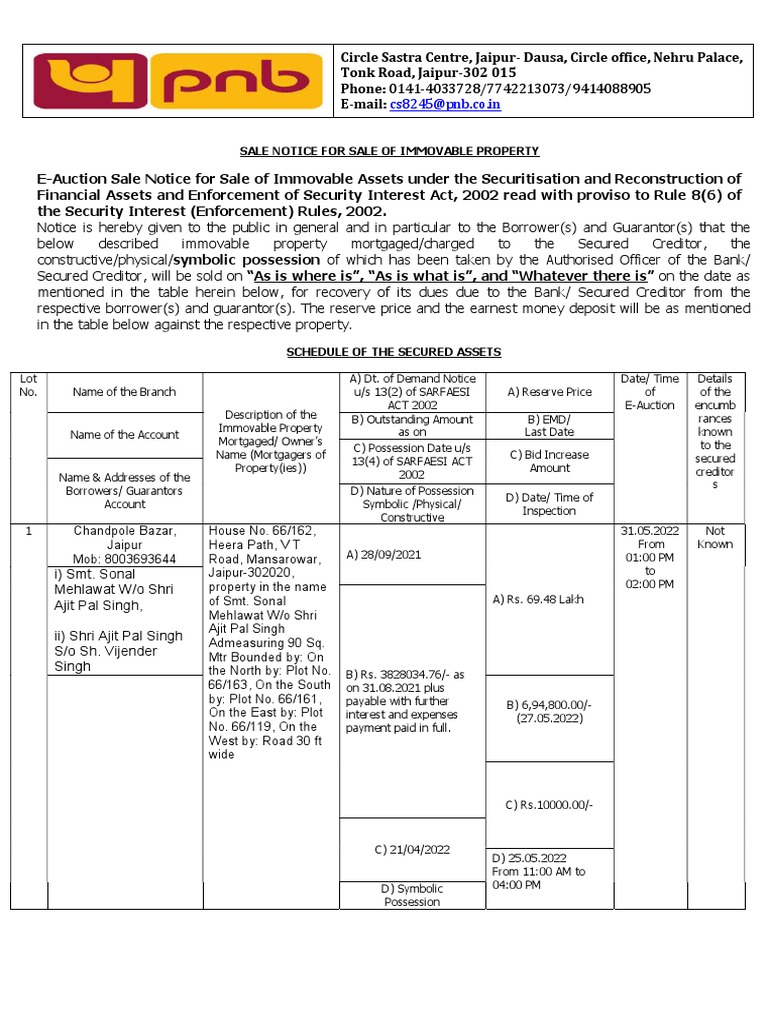 SALE_NOTICE_SONAL_MEHLAWAT_AND_AJIT_PAL_SINGH_31.05.2022_compressed | PDF | Banks | Auction