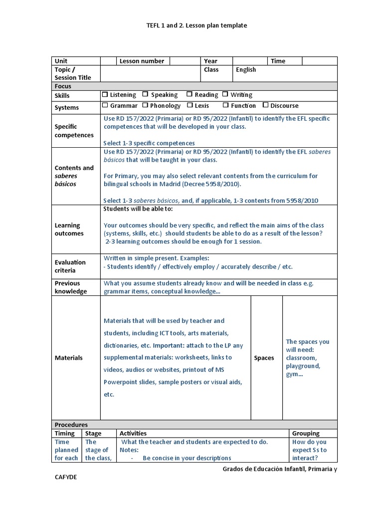 LOMLOE 2022 Lesson Plan Template | PDF | Lesson Plan | English As A ...