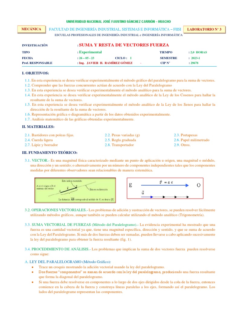 P. Lab. 3 - Suma de Vectores Fuerza | PDF | Vector Euclidiano | Medición