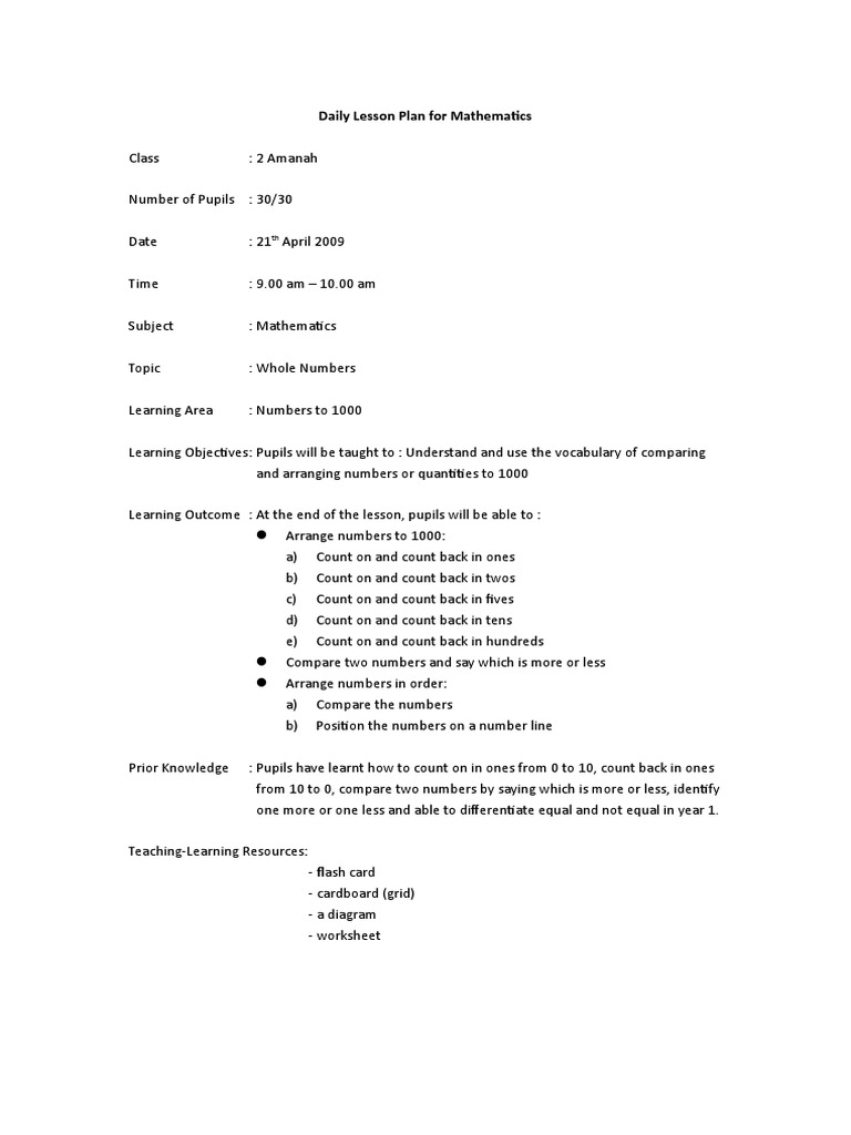 Daily Lesson Plan For Mathematics - Year 2 Whole Numbers | PDF