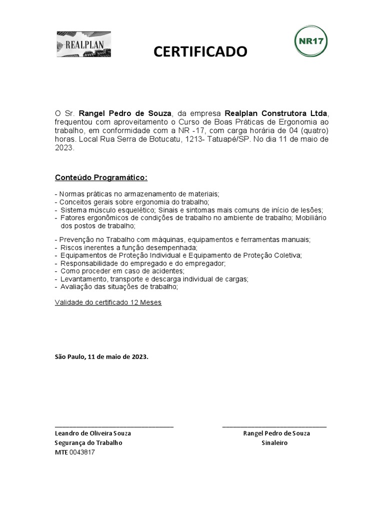 Certificado NR 17 - Sinaleiro - Word | PDF | Carreira e Crescimento | Negócios