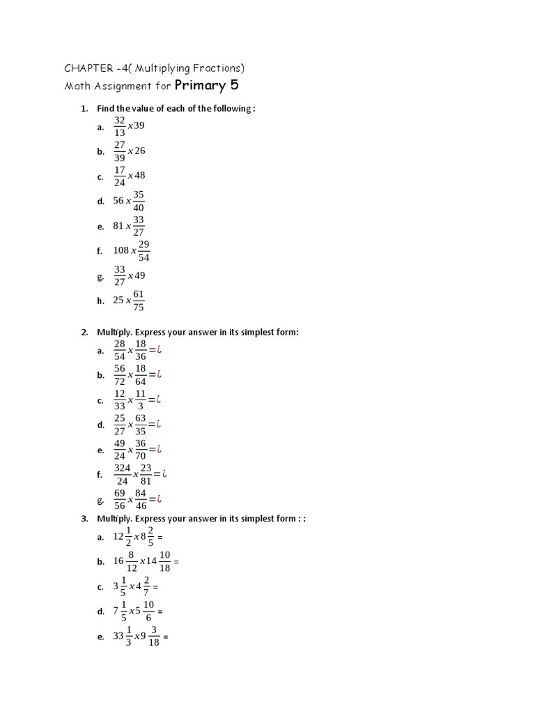 Assignment (Multiplication of Whole Numbers, Fractions, and Mixed ...