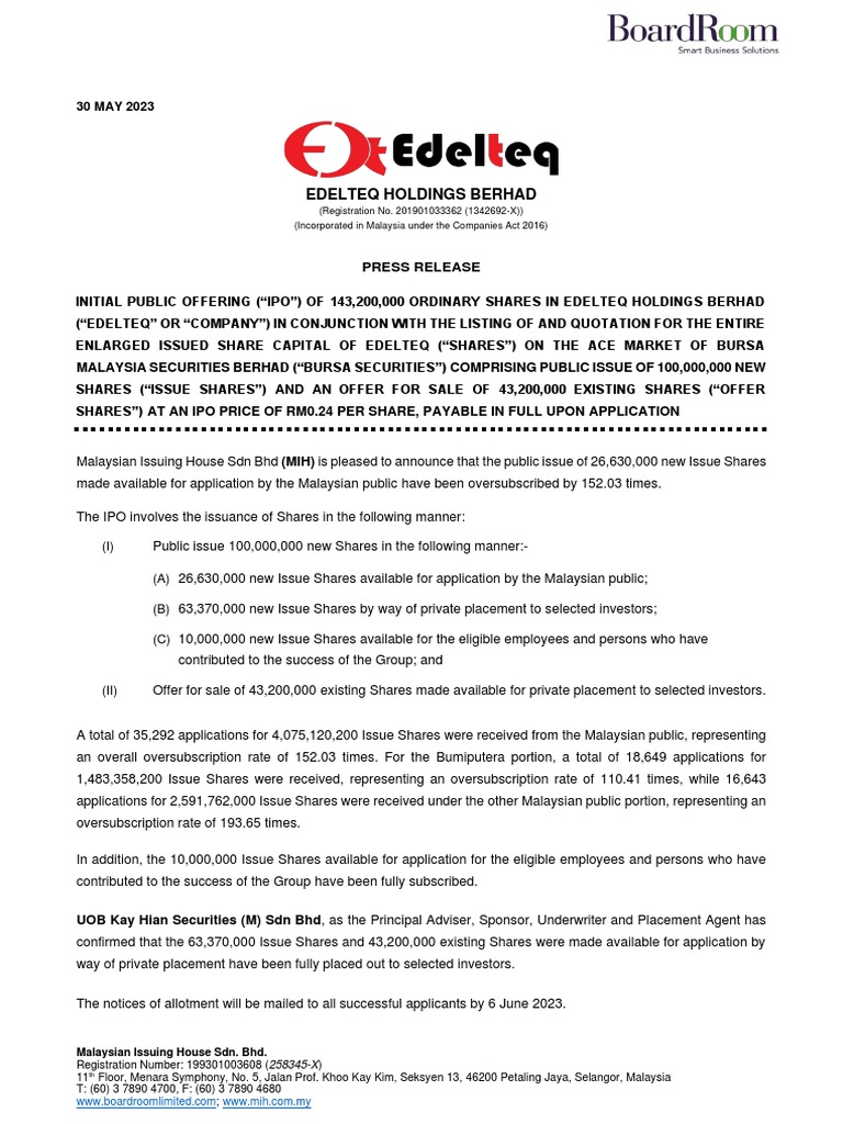 Press Release-Edelteq Holdings Berhad | PDF | Initial Public Offering | Stock Market